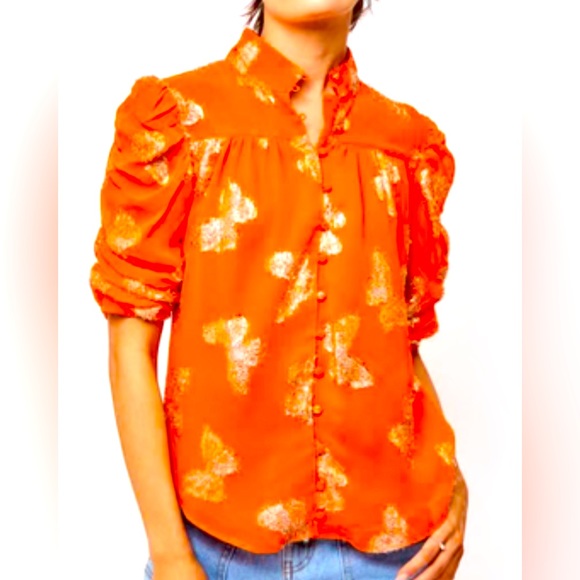 Ciebon | Tops | Fun Button Up Orange Shirt With Gold Butterflys And ...